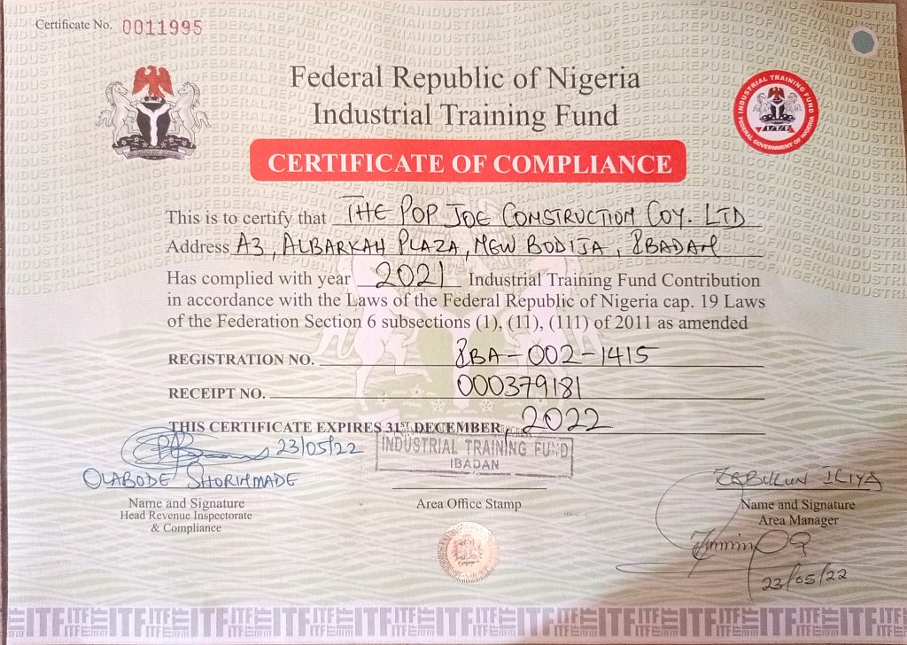 Official Documents – The Pop Joe Construction Company Ltd